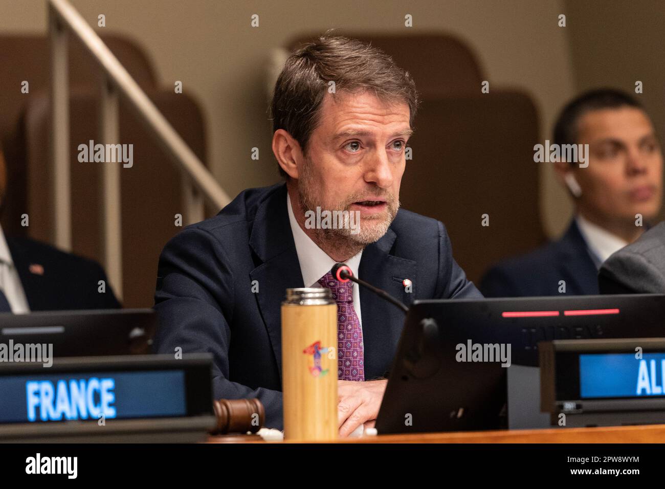New York, USA. 28th Apr, 2023. Ambassador Ferit Hoxha of Albania speaks ...