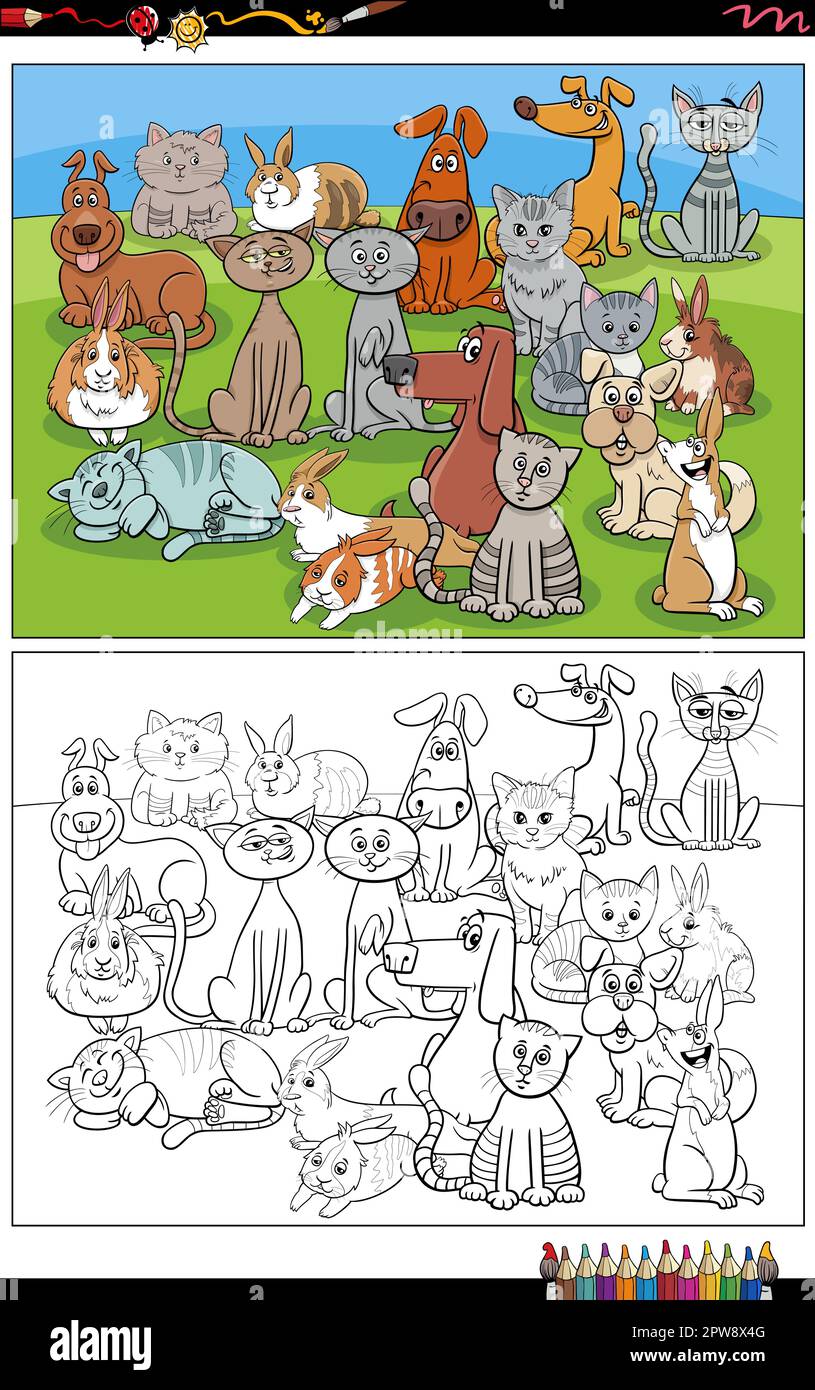 cartoon dogs and cats and rabbits group coloring page Stock Vector ...