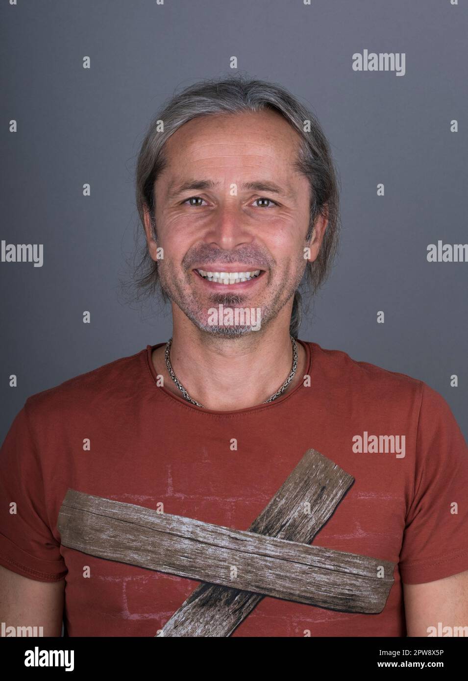 Caucasian mature male portrait. Male with yellow teeth. Smiling man ...