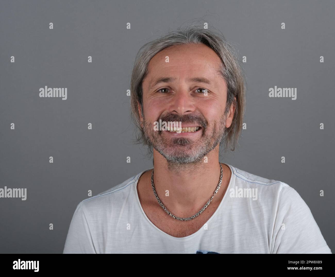 Caucasian mature male portrait. Male with yellow teeth. Smiling man ...