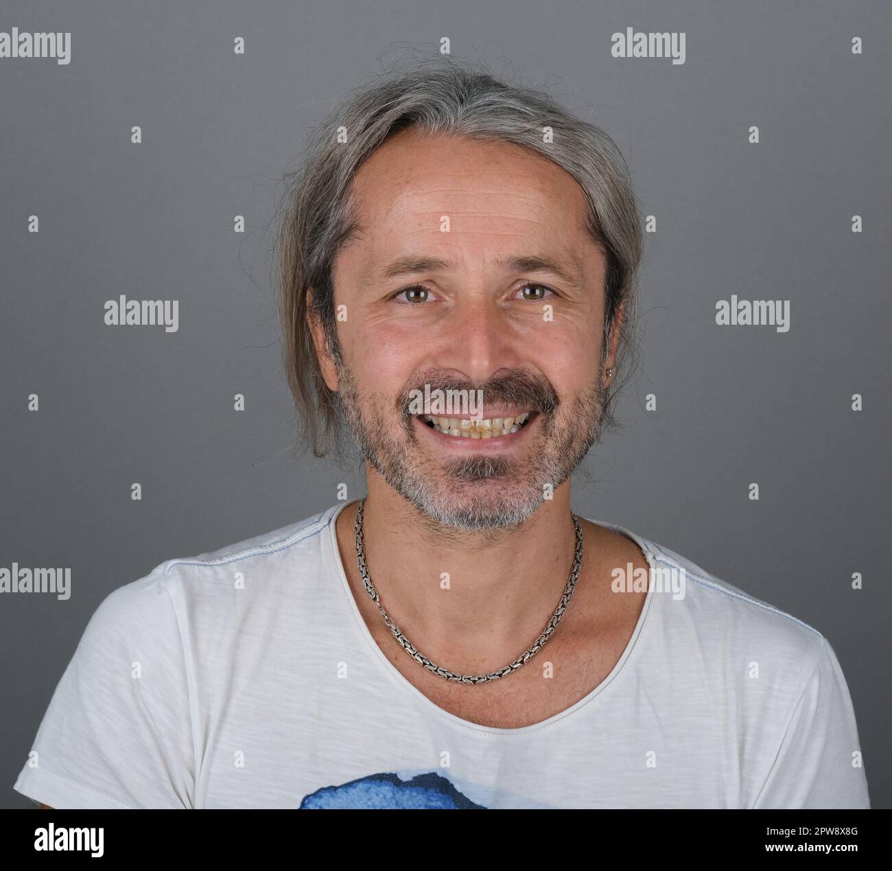 Caucasian mature male portrait. Male with yellow teeth. Smiling man ...