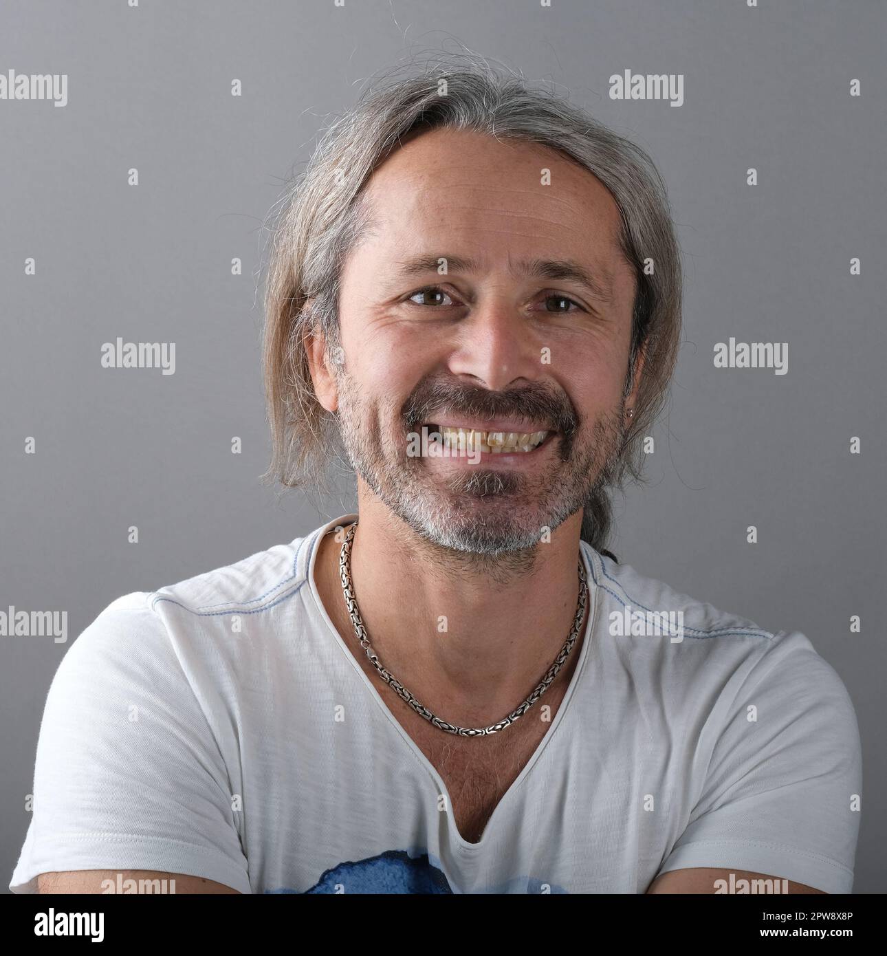 Caucasian mature male portrait. Male with yellow teeth. Smiling man ...