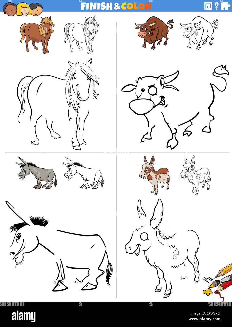 drawing and coloring worksheets set with farm animals Stock Vector ...