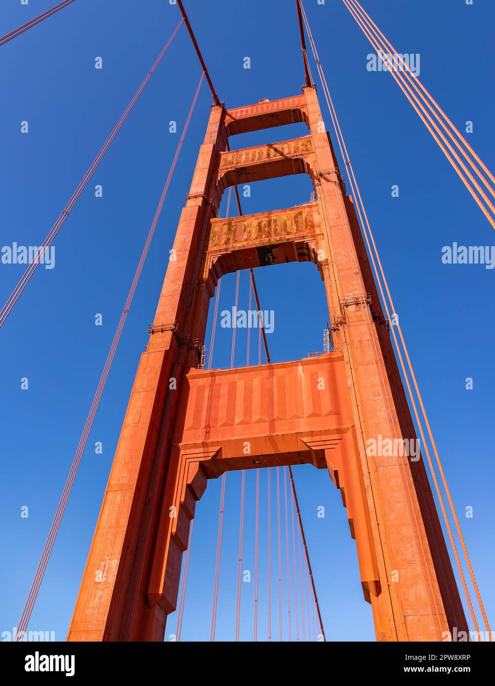 A close-up picture of the Golden Gate Bridge Tower as seen from up ...