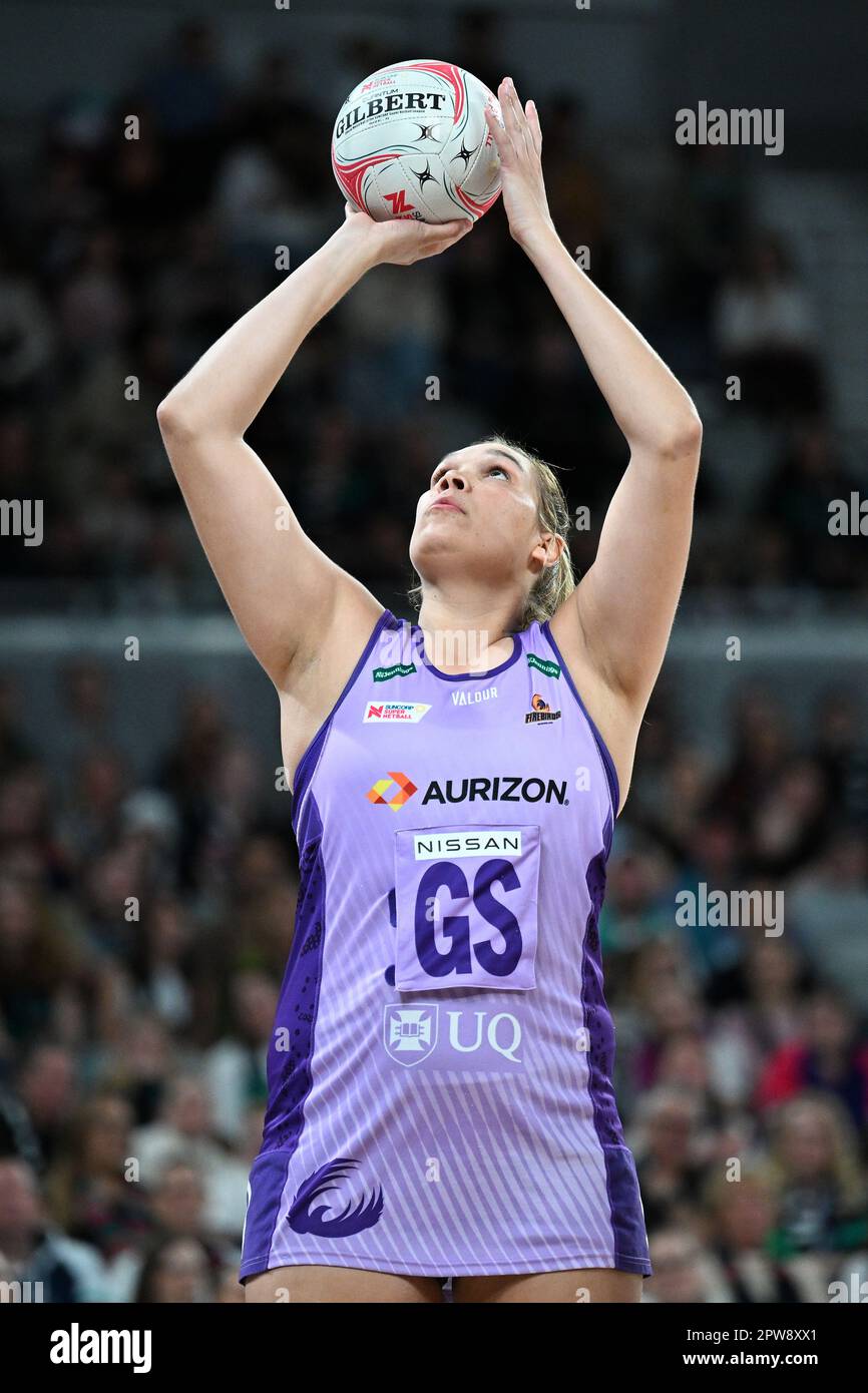 Donnell Wallam of the Firebirds shoots at goal during the Super Netball ...