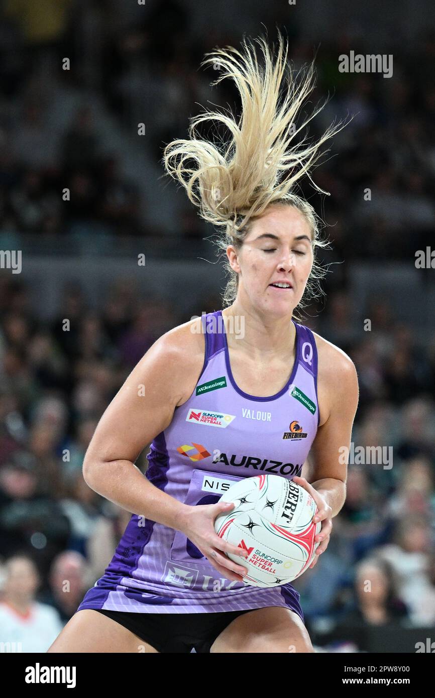 Mia Stower of the Firebirds in action during the Super Netball Round 7 ...