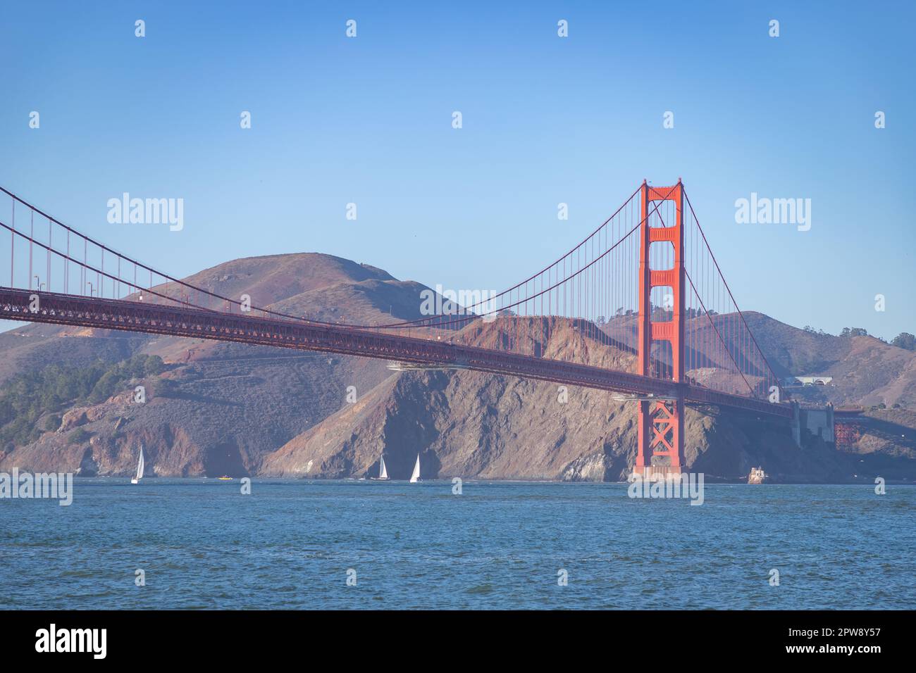 A picture of the Golden Gate Bridge as seen from Torpedo Wharf Stock ...