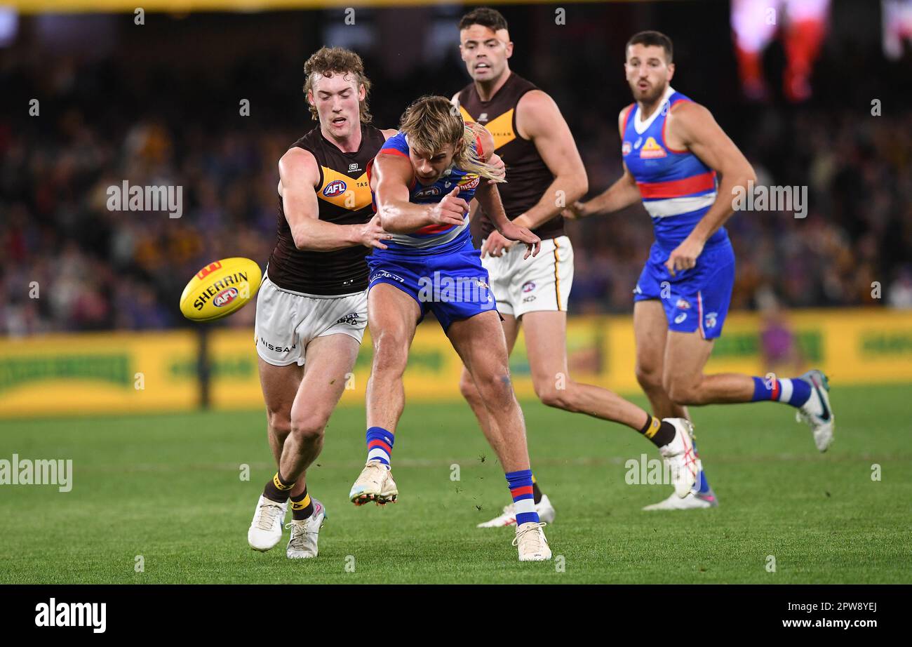 Bailey Smith of the Bulldogs (second from left) and Joshua Weddle of ...