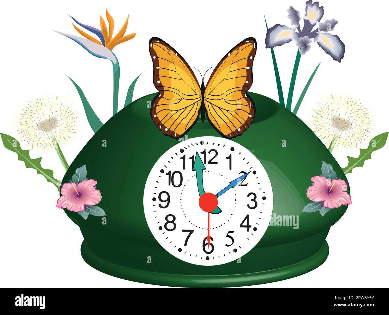 Desktop green clock in the form of a house with flowers and butterfly ...