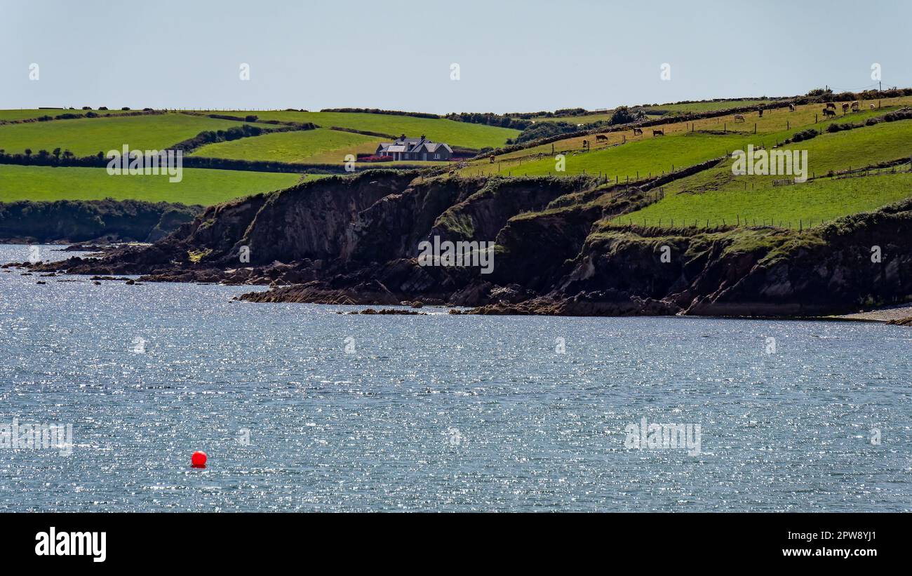 A house on a rocky Irish shore on a sunny summer day. Atlantic coast of ...