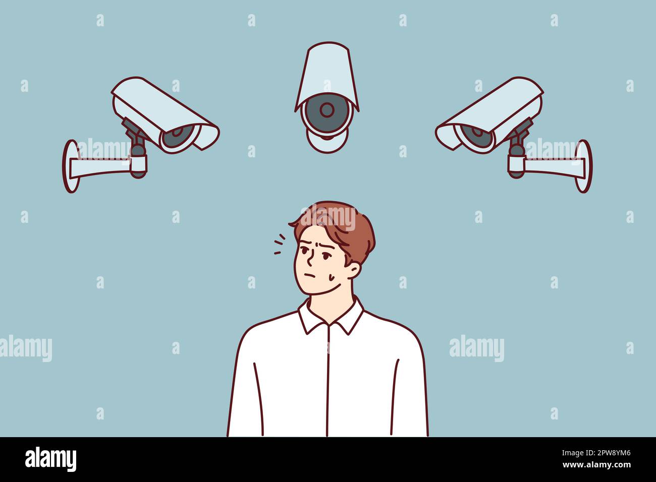 Embarrassed man standing among CCTV cameras recording every step of ...