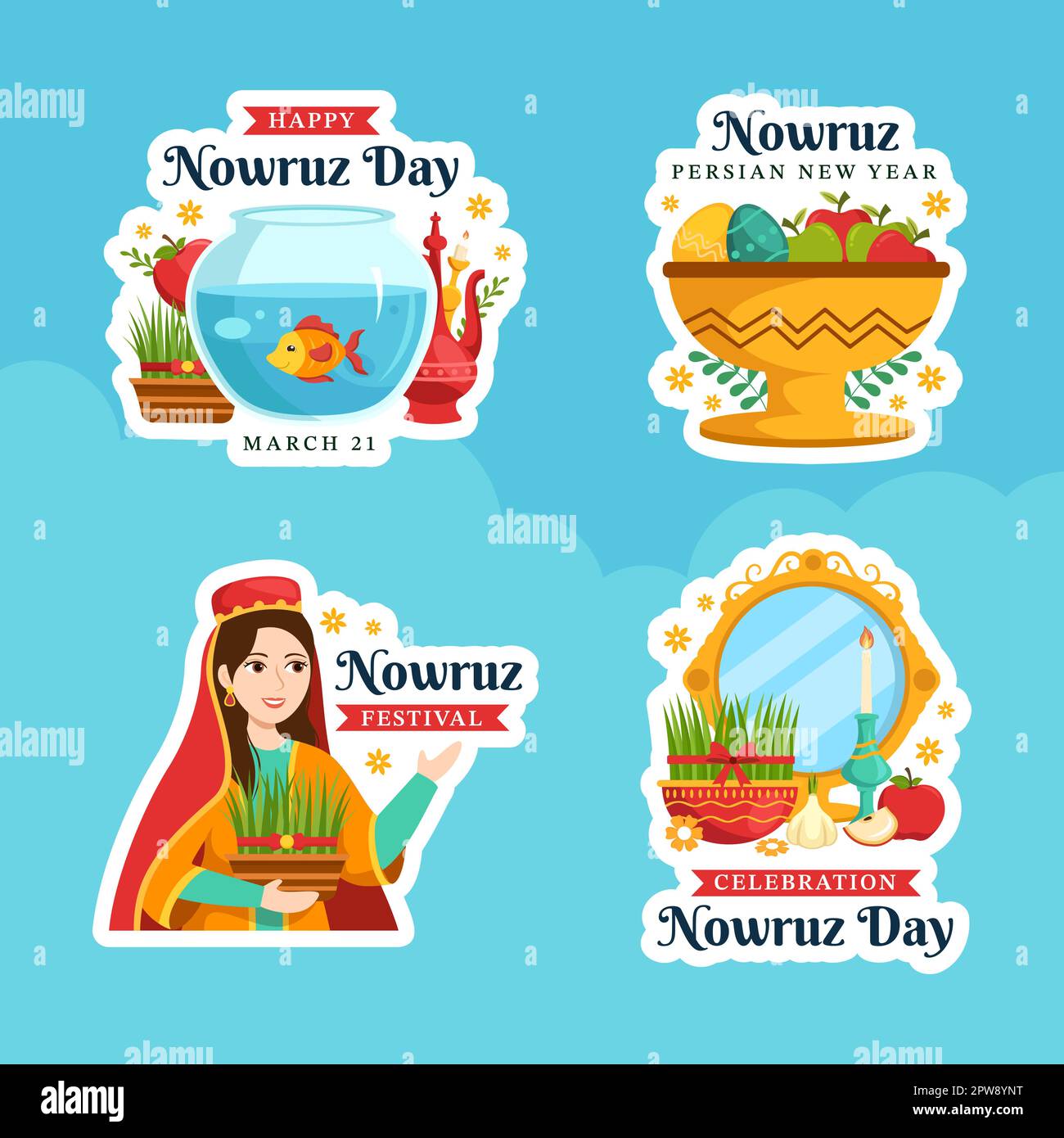 Happy Nowruz Day Label Flat Cartoon Hand Drawn Templates Background ...
