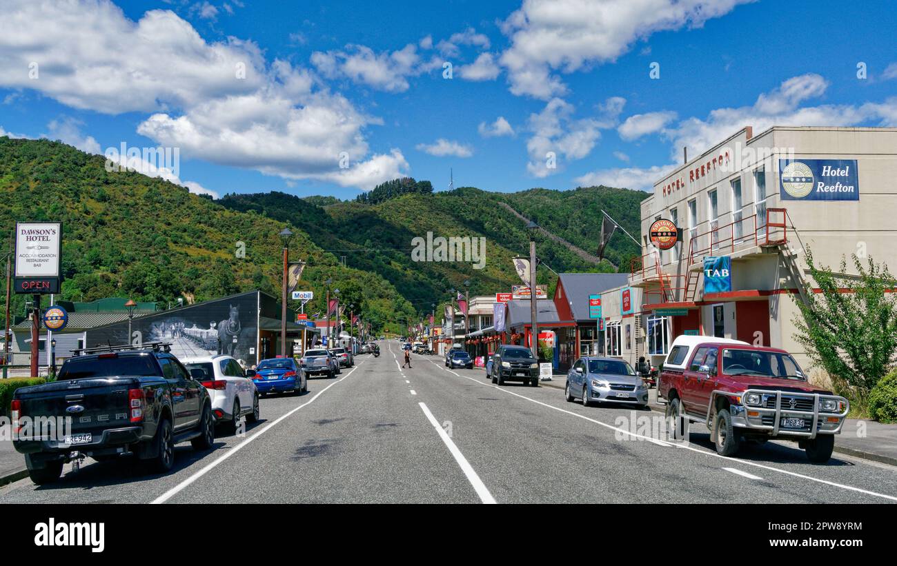 Reefton, Buller / Aotearoa / New Zealand - December 30, 2022: Streetscape of Reefton's main ...