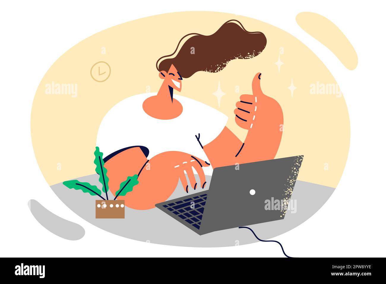 Woman freelancer typing text on laptop keyboard showing thumb up and ...