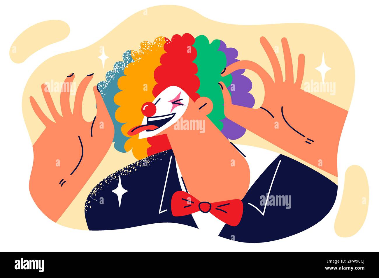 Clown sticks out tongue and makes funny faces to audience laugh at ...