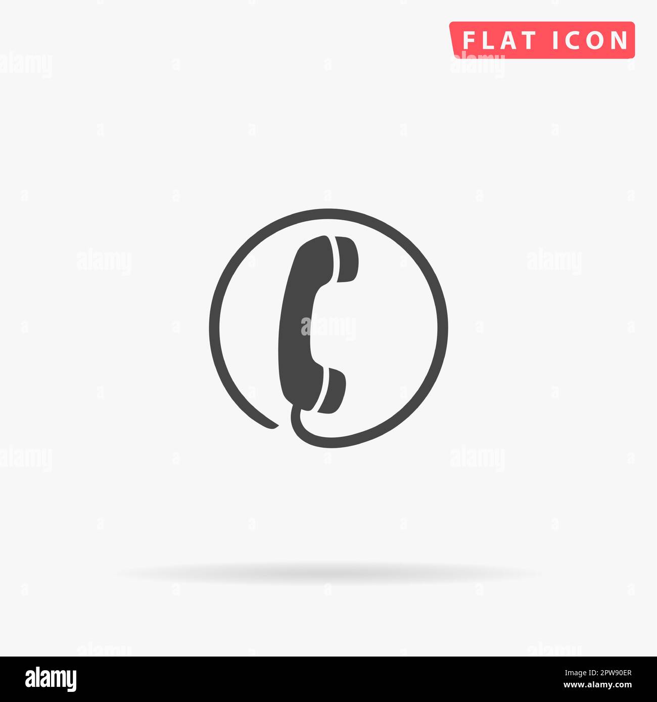 Telephone receiver. Simple flat black symbol with shadow on white ...