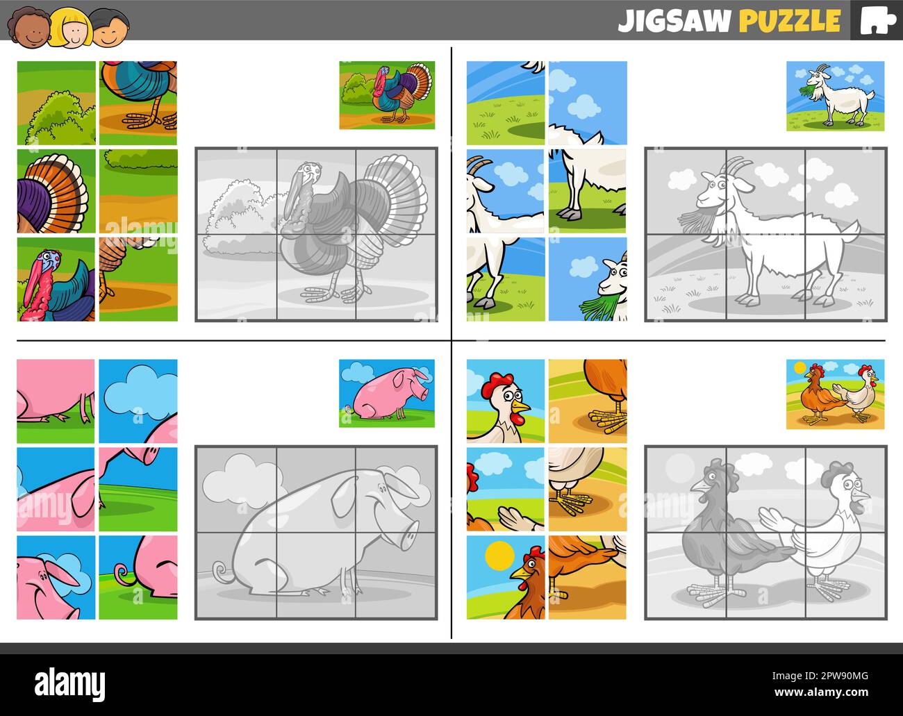 jigsaw puzzle game set with comic farm animals Stock Vector Image & Art ...