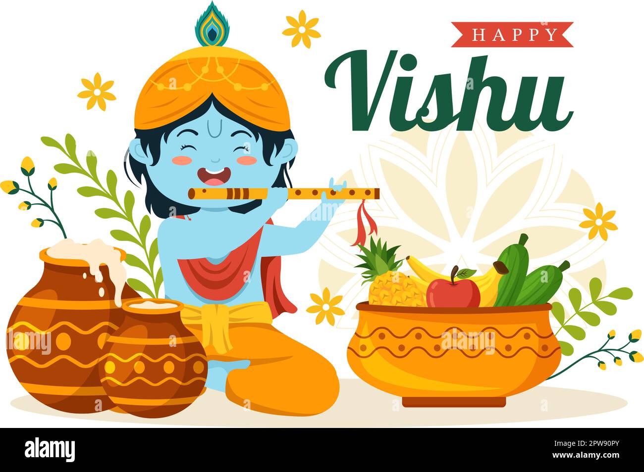 Happy Vishu Festival Illustration with Traditional Kerala Kani, Fruits ...