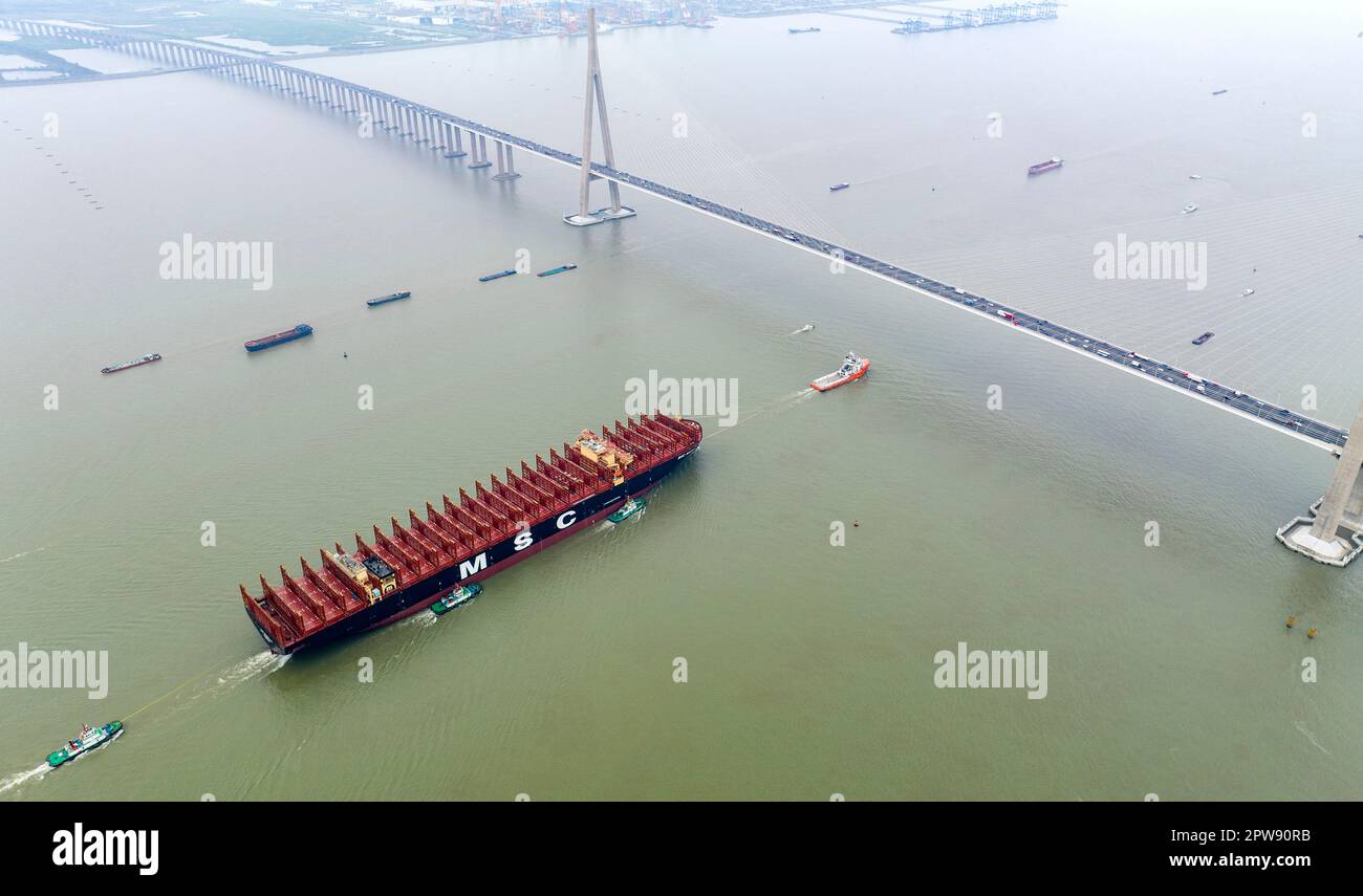 SUZHOU, CHINA - APRIL 28, 2023 - Escorted by several Marine patrol ...