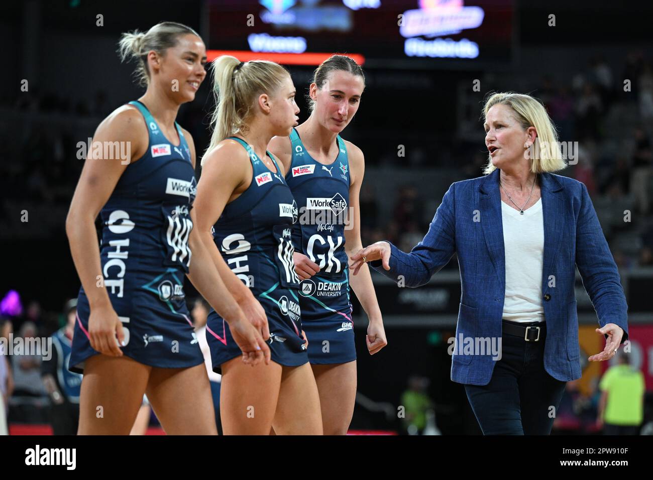 Vixens head coach Simone McKinnis (right) is seen after defeating the ...
