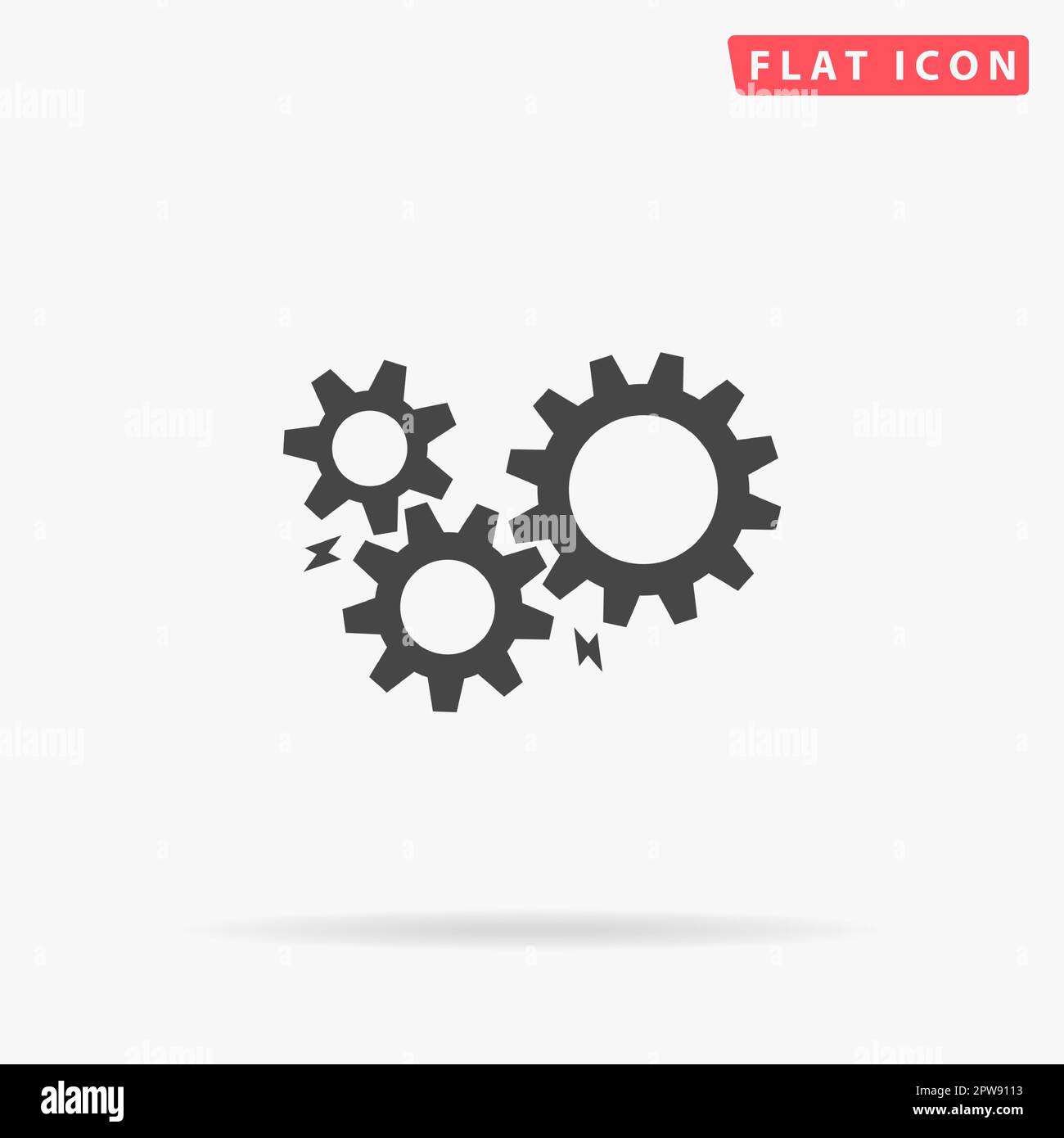 Gear with sparks. Simple flat black symbol with shadow on white ...