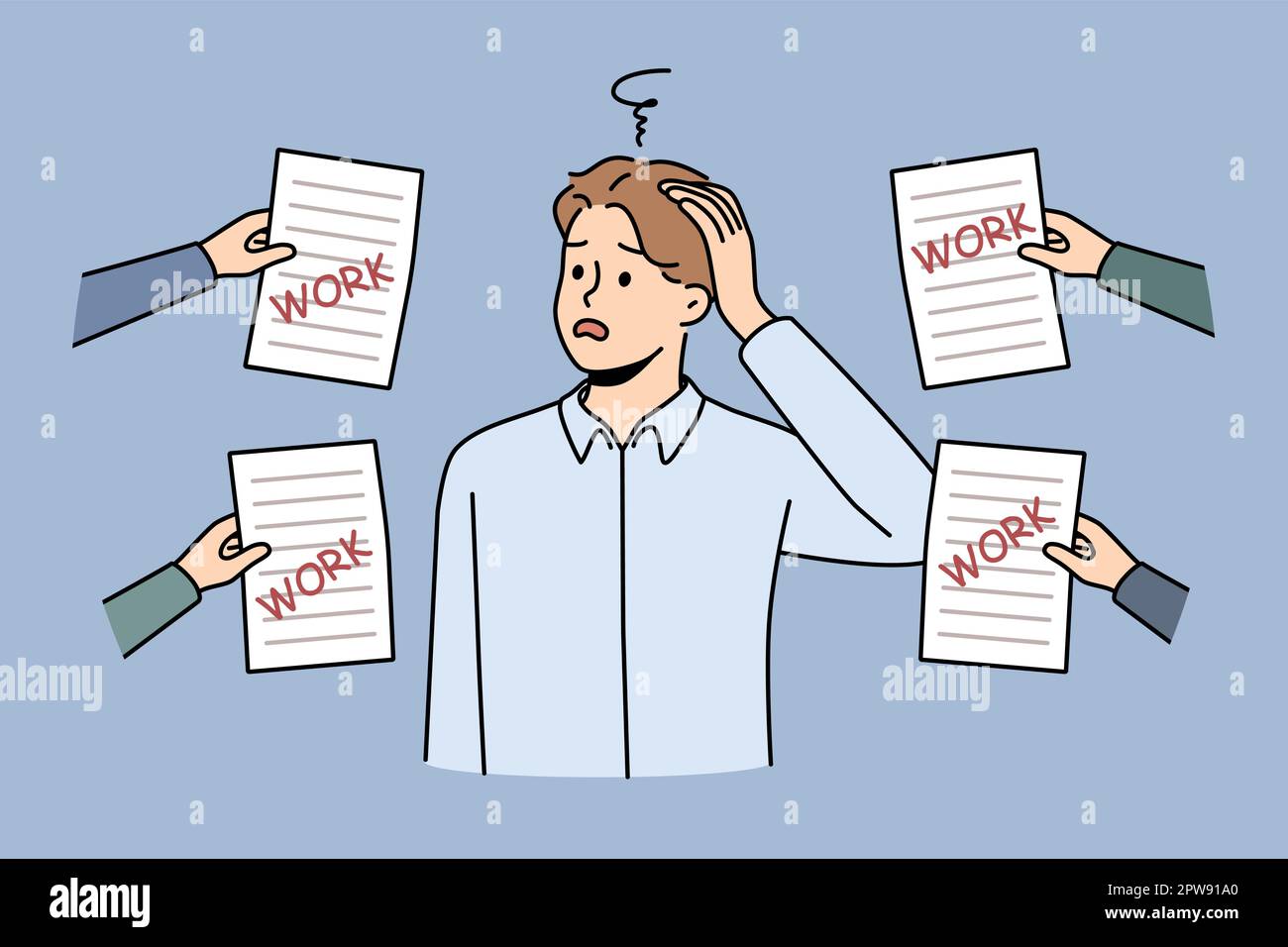 Confused male employee overwhelmed with work letters Stock Vector Image ...