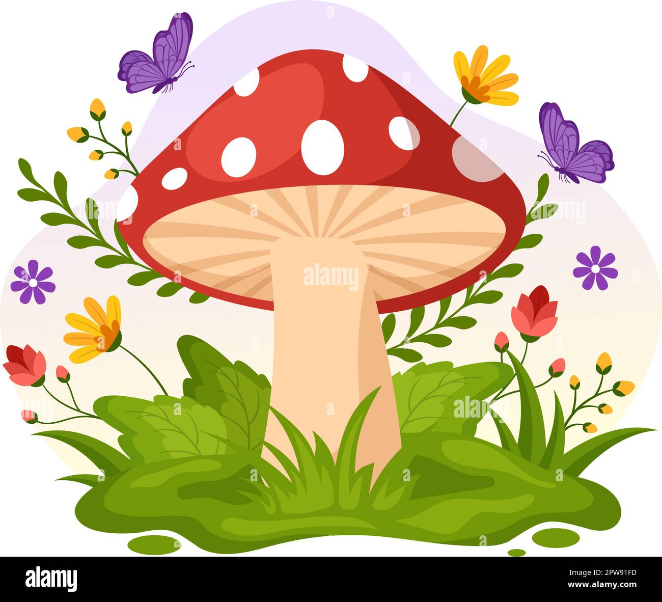Mushrooms Illustration with Different Mushroom, Grass and Insects for ...