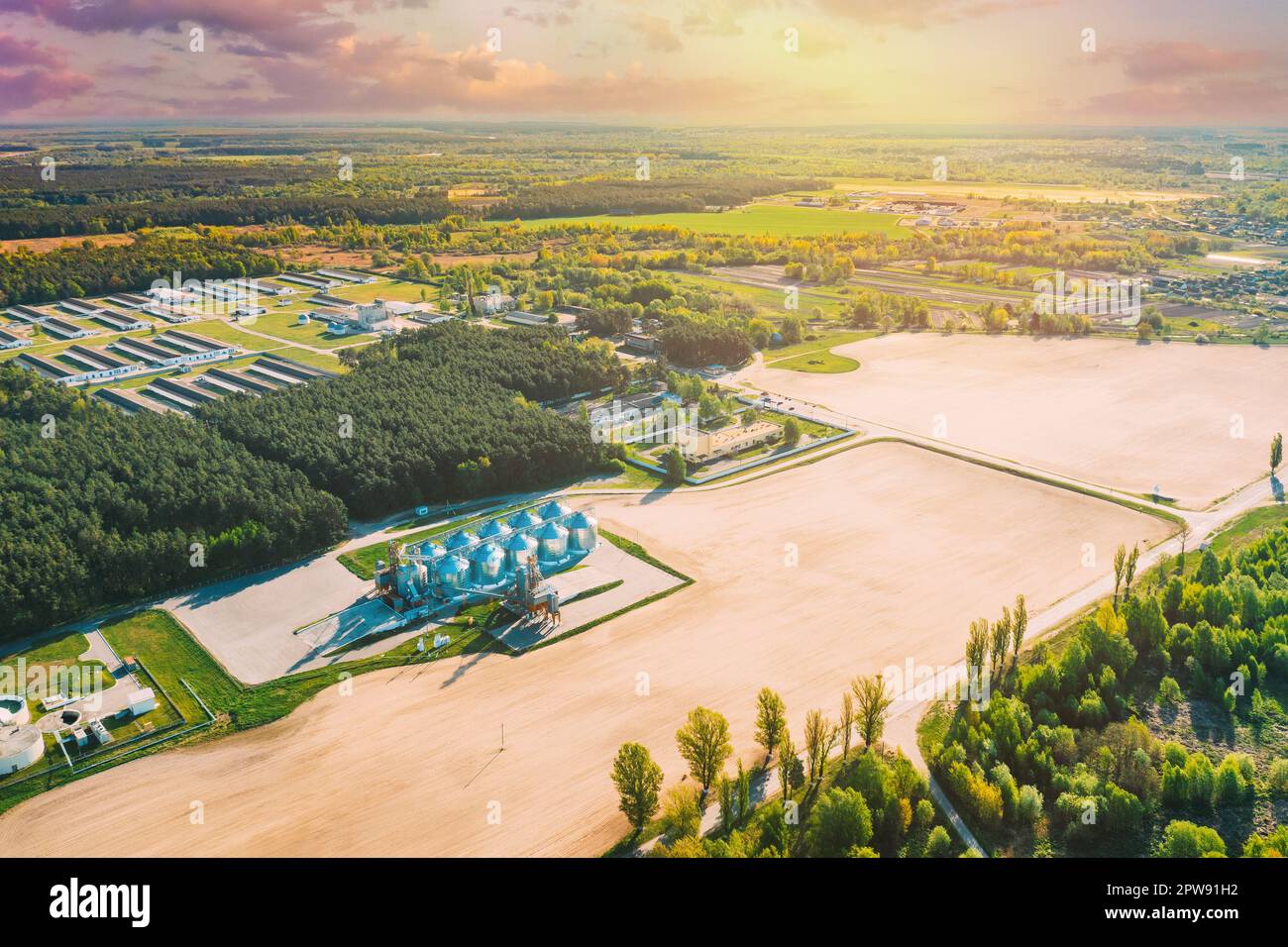 Aerial Elevated Top View Modern Granary, Grain-drying Complex ...