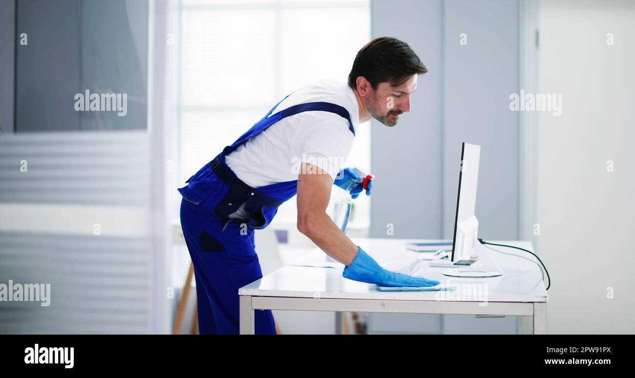 Professional Workplace Janitor Service. Office Desk Cleaning Stock ...
