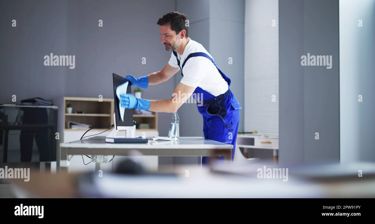 Professional Workplace Janitor Service. Office Desk Cleaning Stock ...