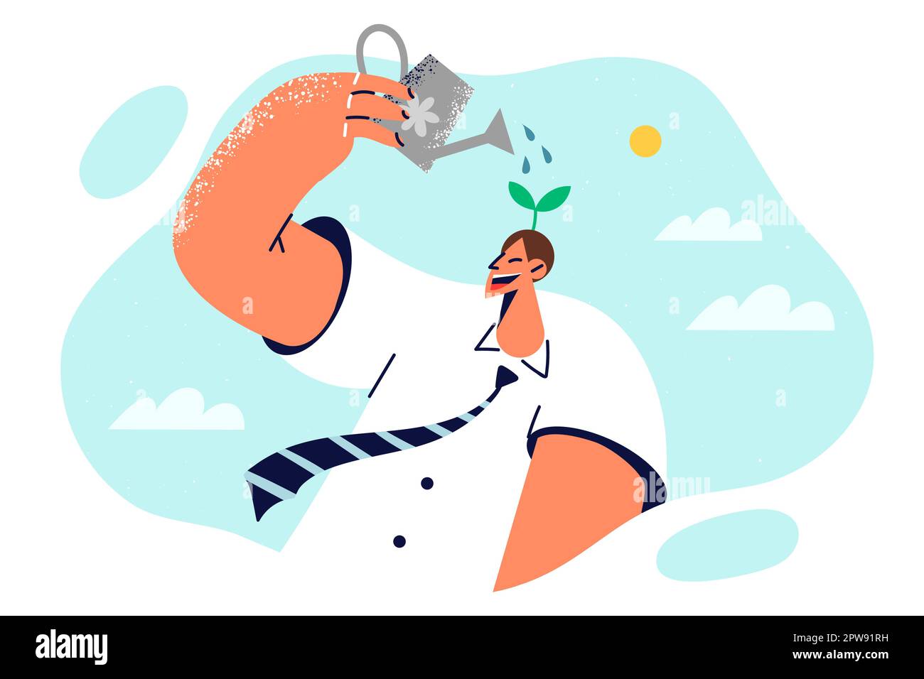 Man wants to succeed holds watering can over head watering plants ...