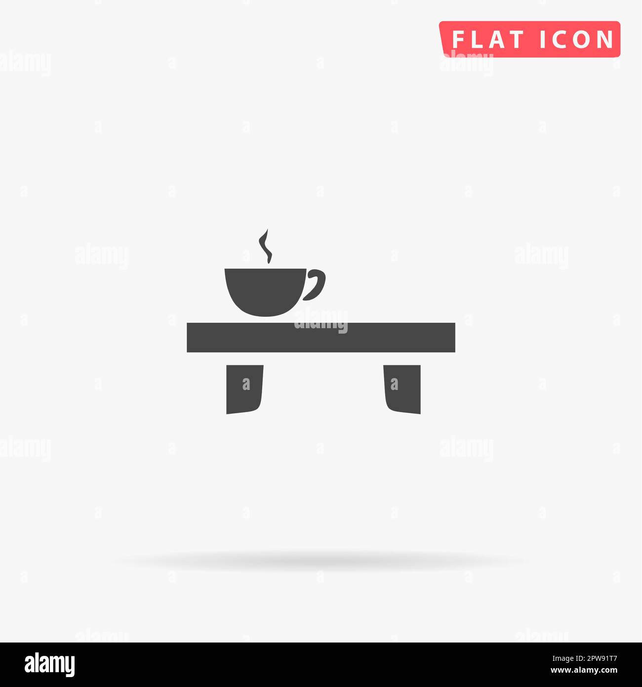 Cup on the table. Simple flat black symbol with shadow on white ...