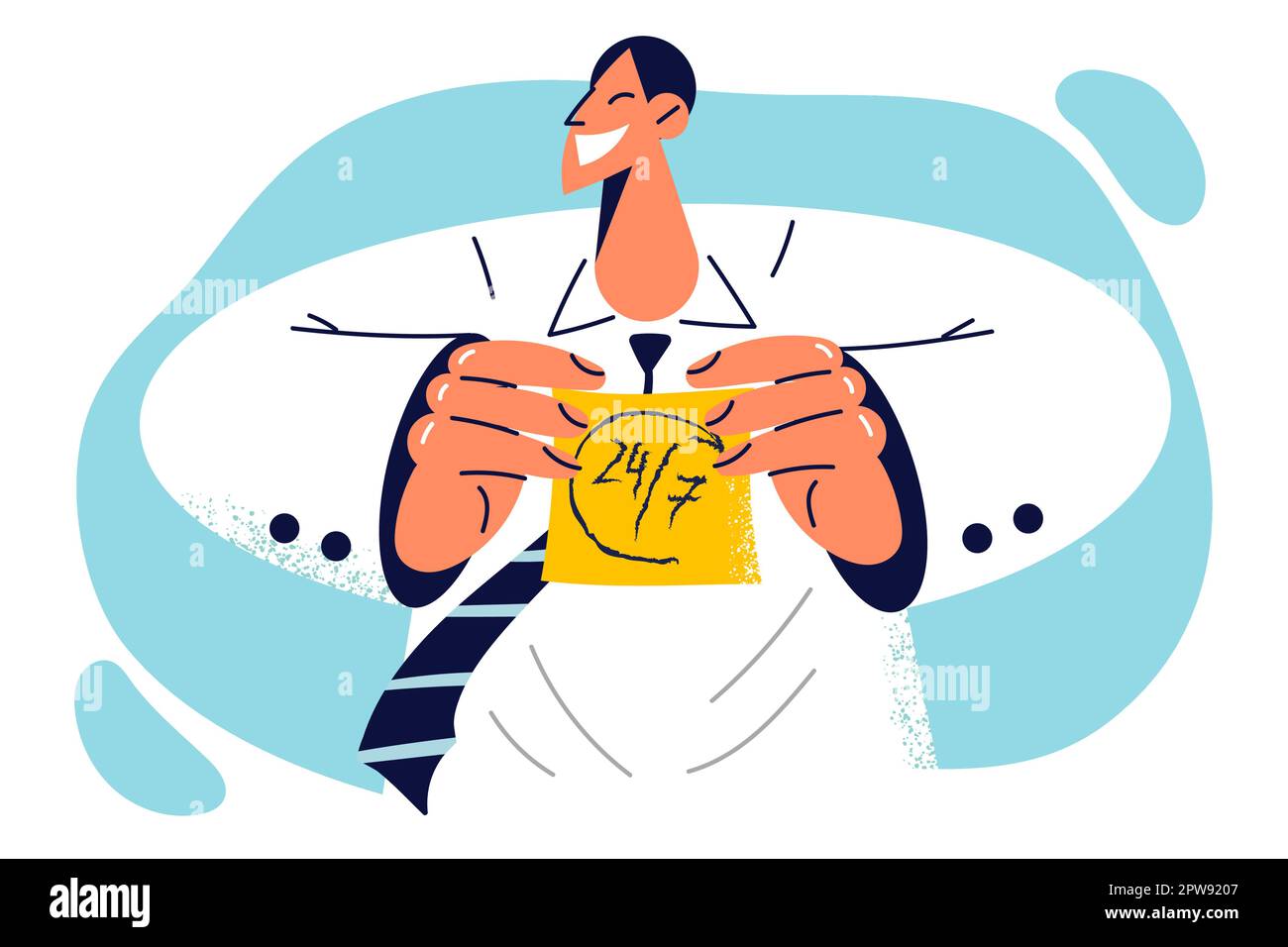 Positive man showing sticker with text 24 by 7 saying no break and ...