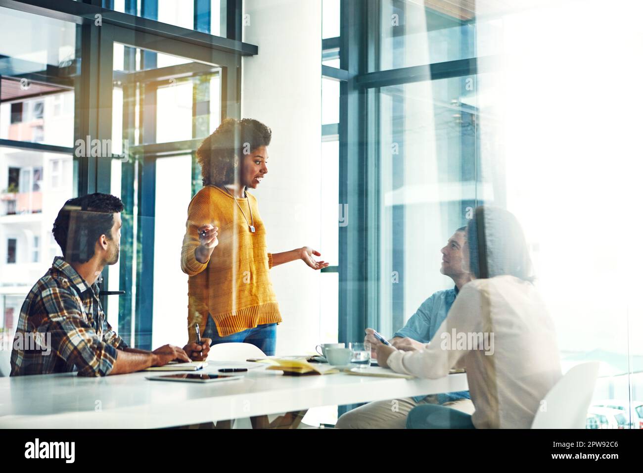 Briefing her team in the boardroom. a young businesswoman giving a ...