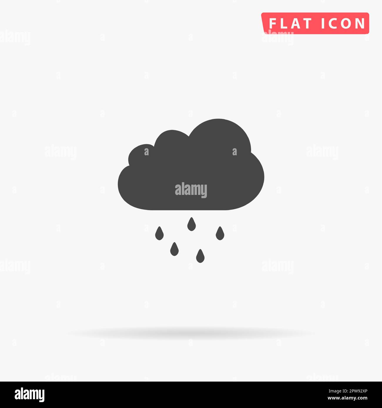 Cloud with rain. Simple flat black symbol with shadow on white ...