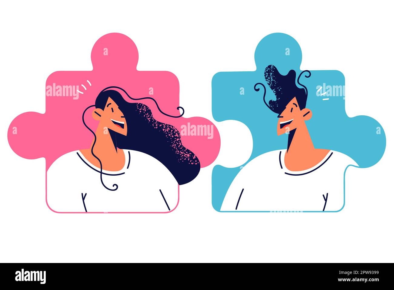 Puzzle pieces with man and woman come together to connect, symbolizing ...