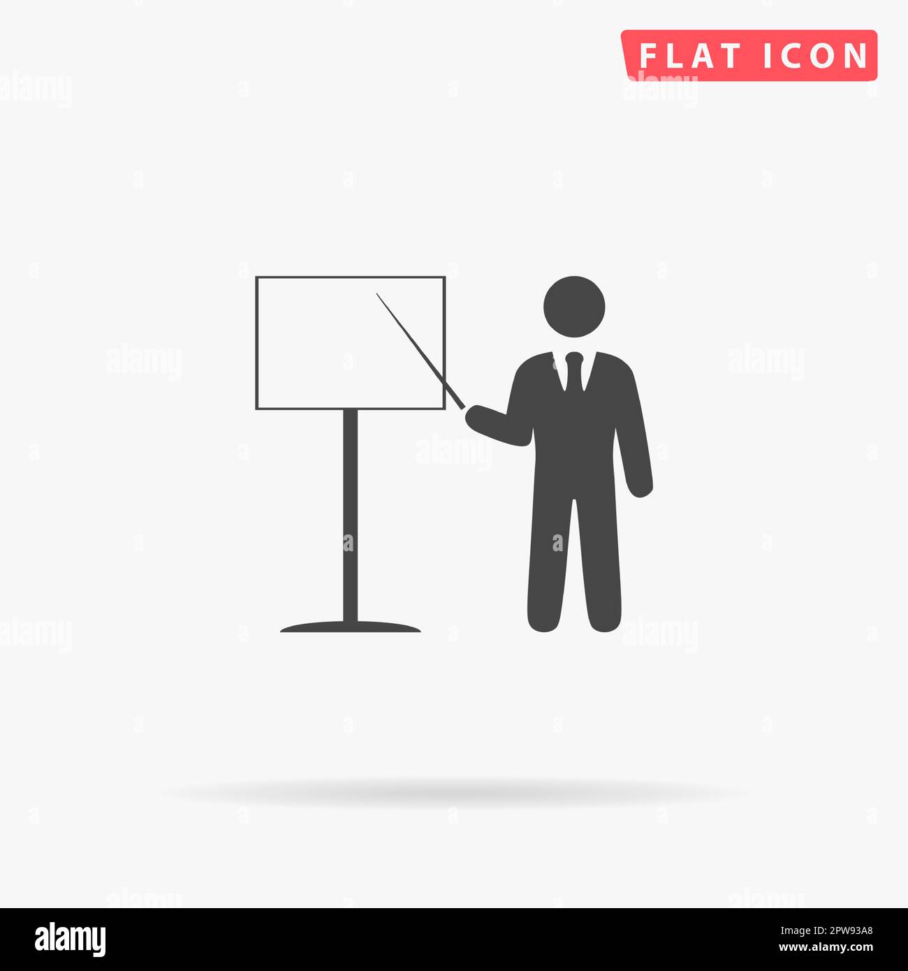 Presentation. Man standing with pointer. Simple flat black symbol with ...