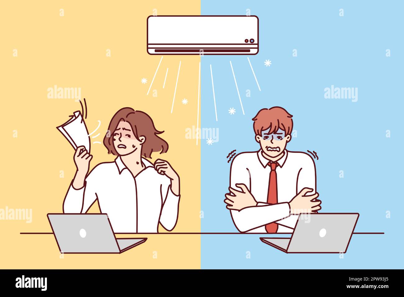 Man and woman sitting at office table under air conditioner experience ...