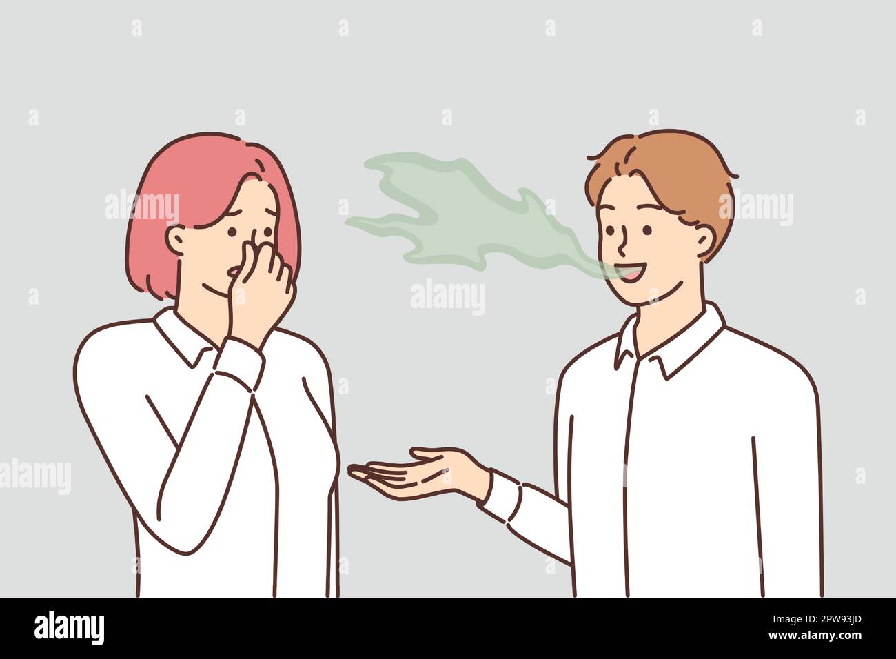 Woman covers nose with hand, feels discomfort communicating with man ...