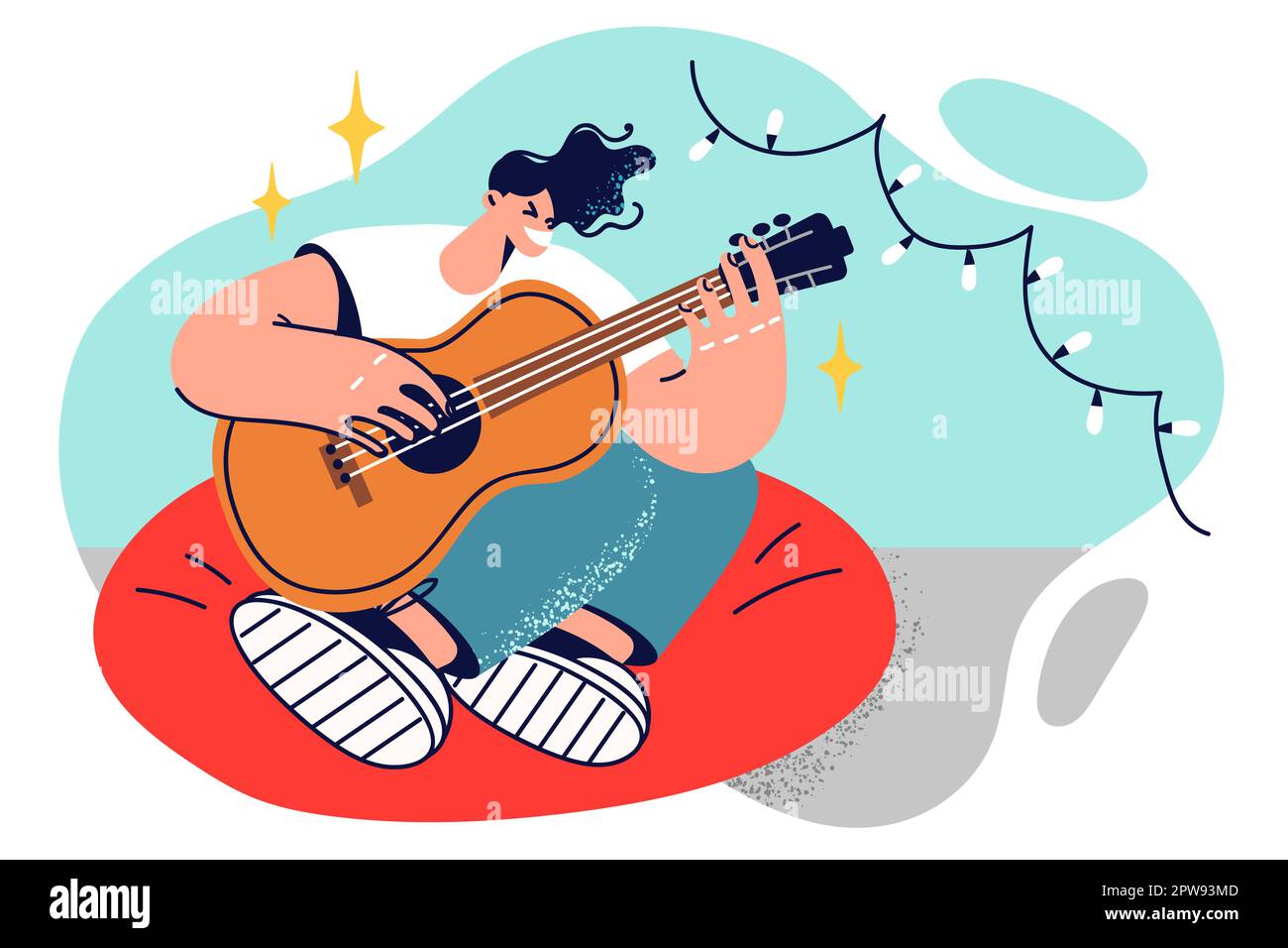 Man guitarist sits in chair with legs folded and plays guitar inventing ...