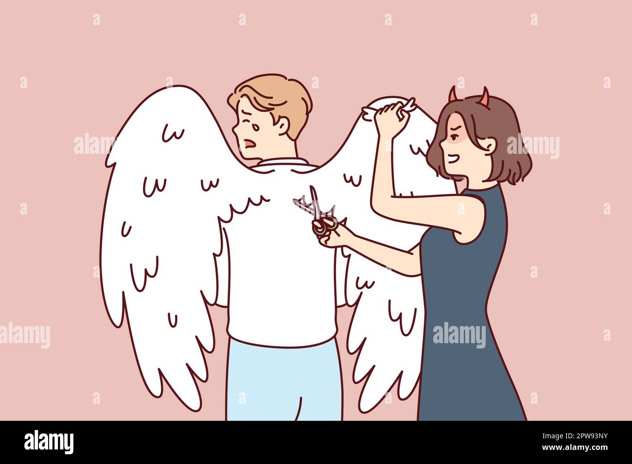 Woman with clipping wings on back of crying man to limit freedom and ...