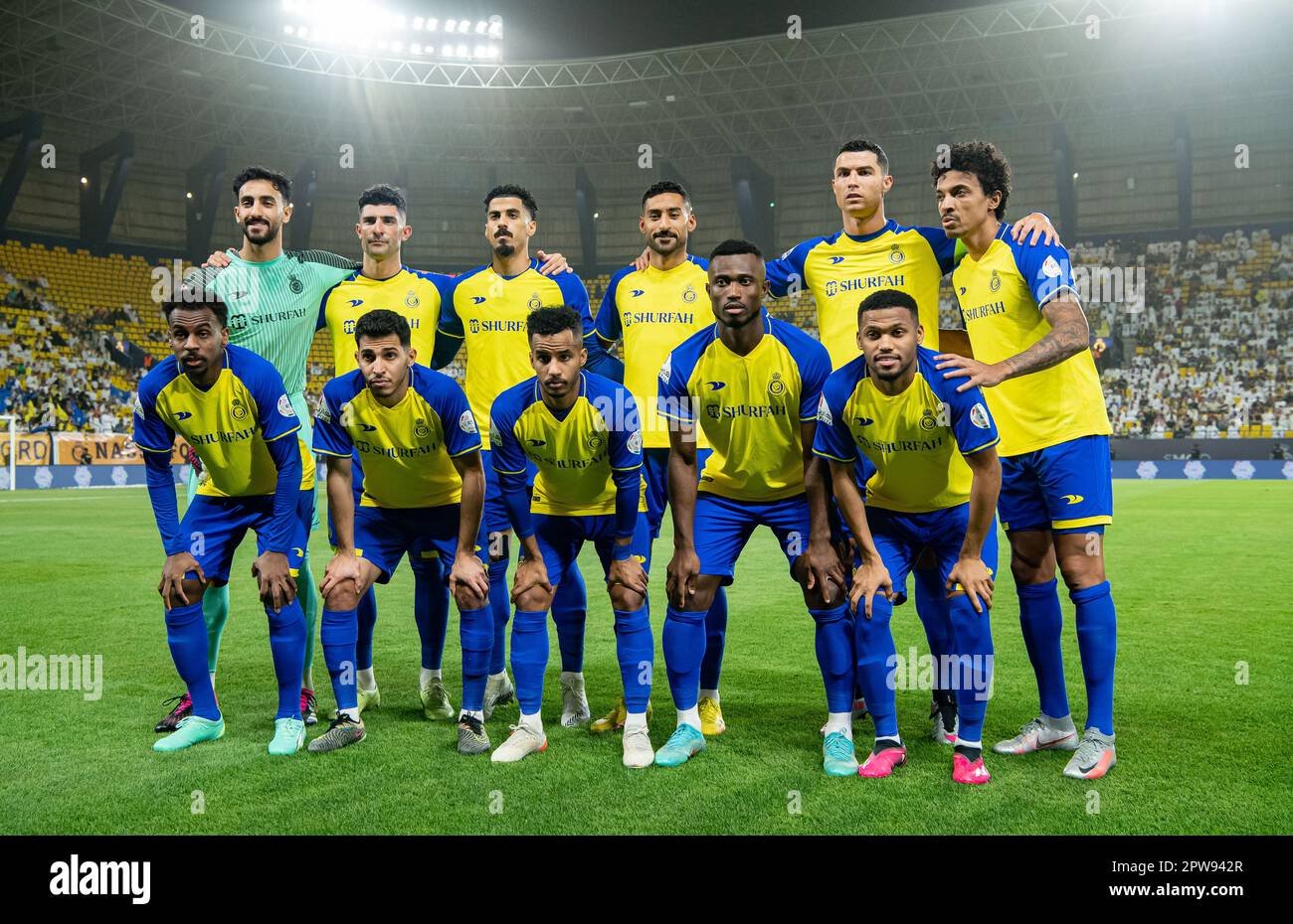 Cristiano Ronaldo of Al-Nassr FC poses with team mates prior their SAFF ...