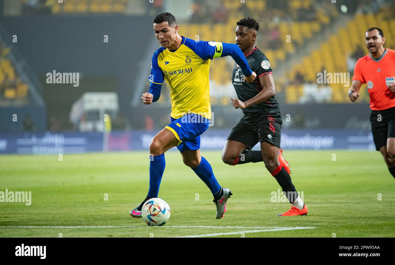 Cristiano Ronaldo of Al-Nassr FC in action against Al-Raed FC during ...