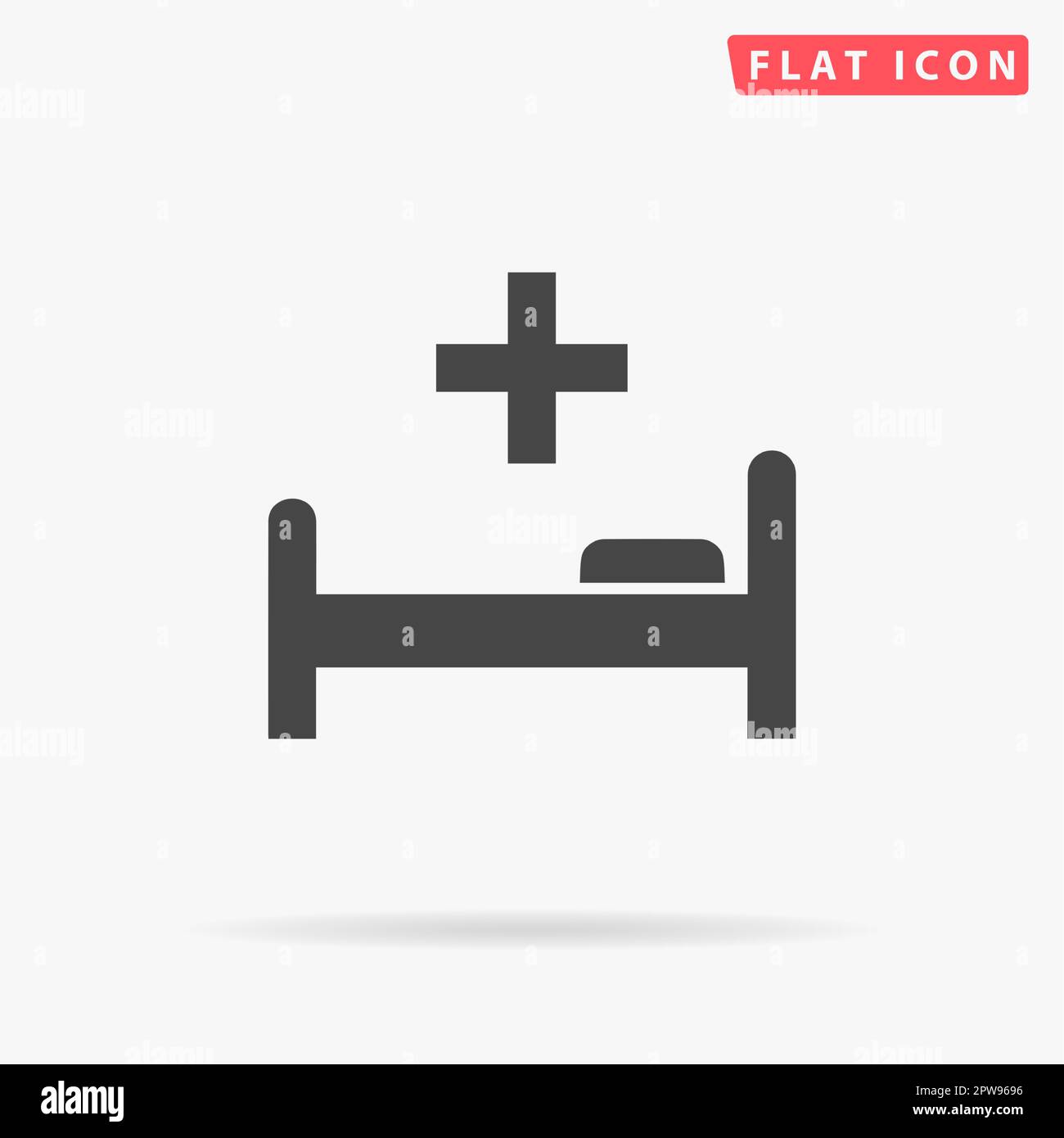 Hospital bed and cross. Simple flat black symbol with shadow on white ...