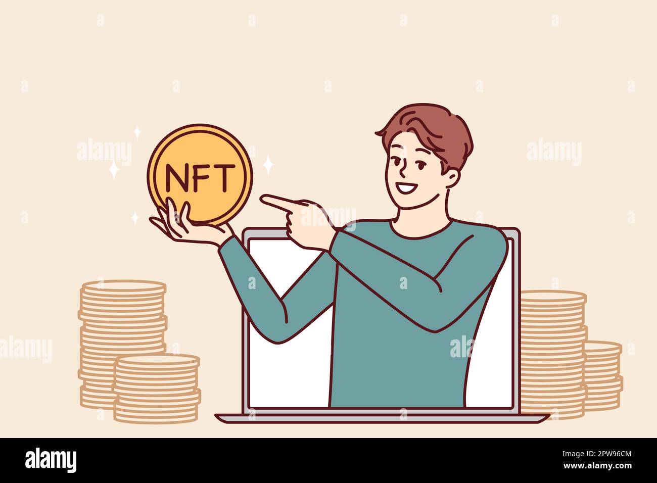 Man with gold coin with inscription NFT leans out of laptop screen ...