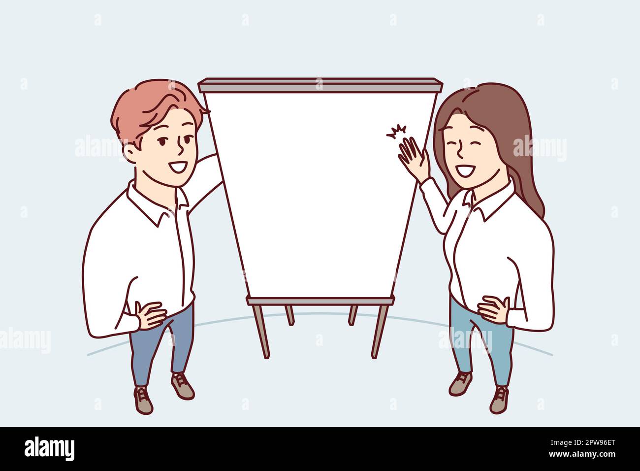 Man and woman stand near empty flipchart carry out business ...