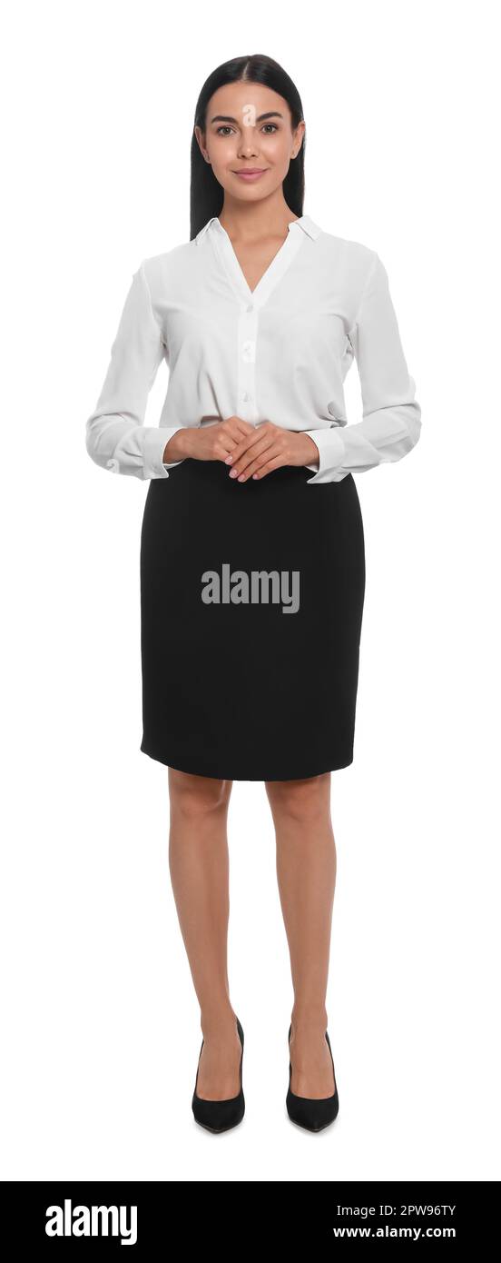 Full length portrait of hostess in uniform on white background Stock ...