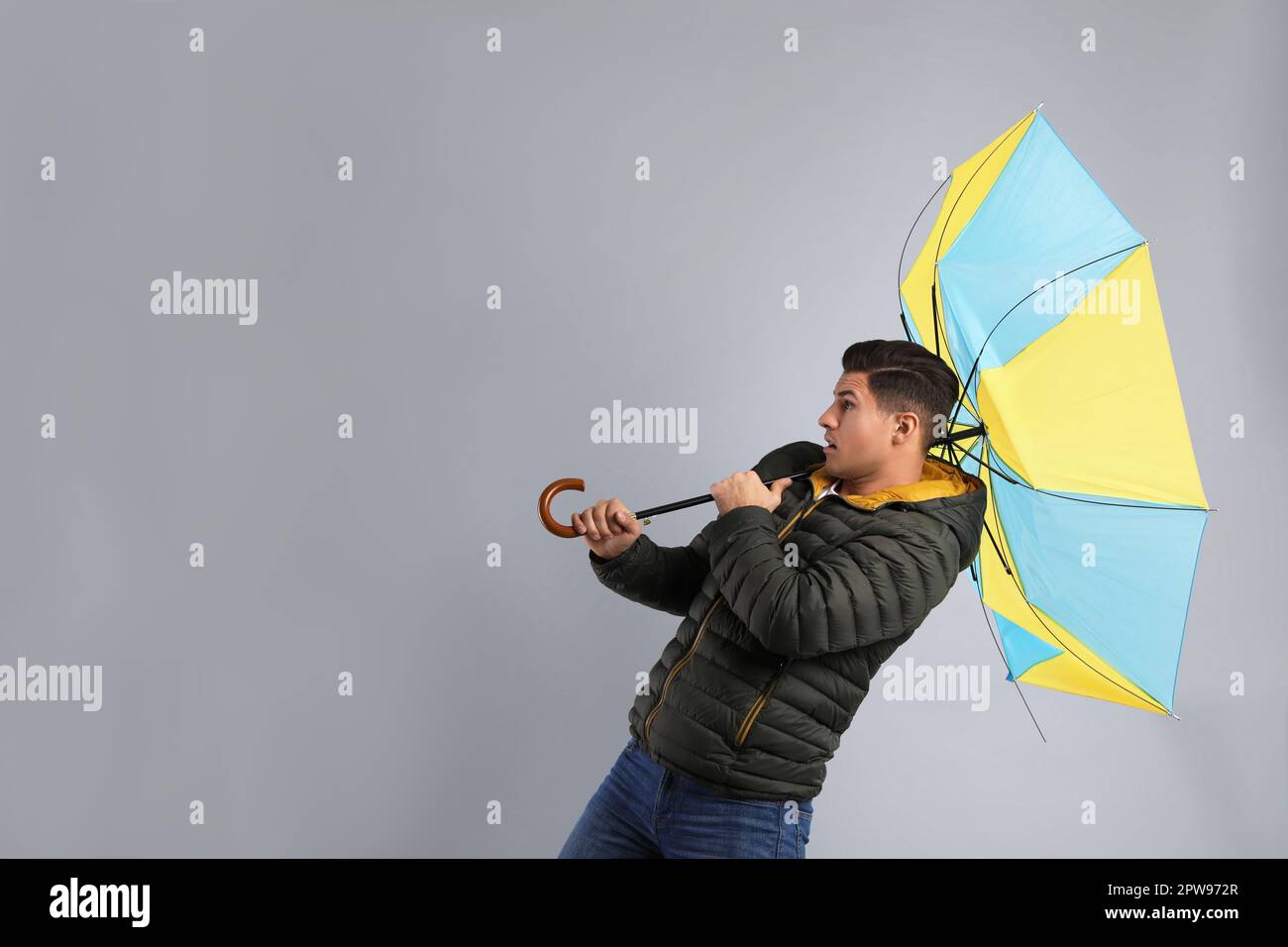 Emotional man with umbrella caught in gust of wind on grey background ...