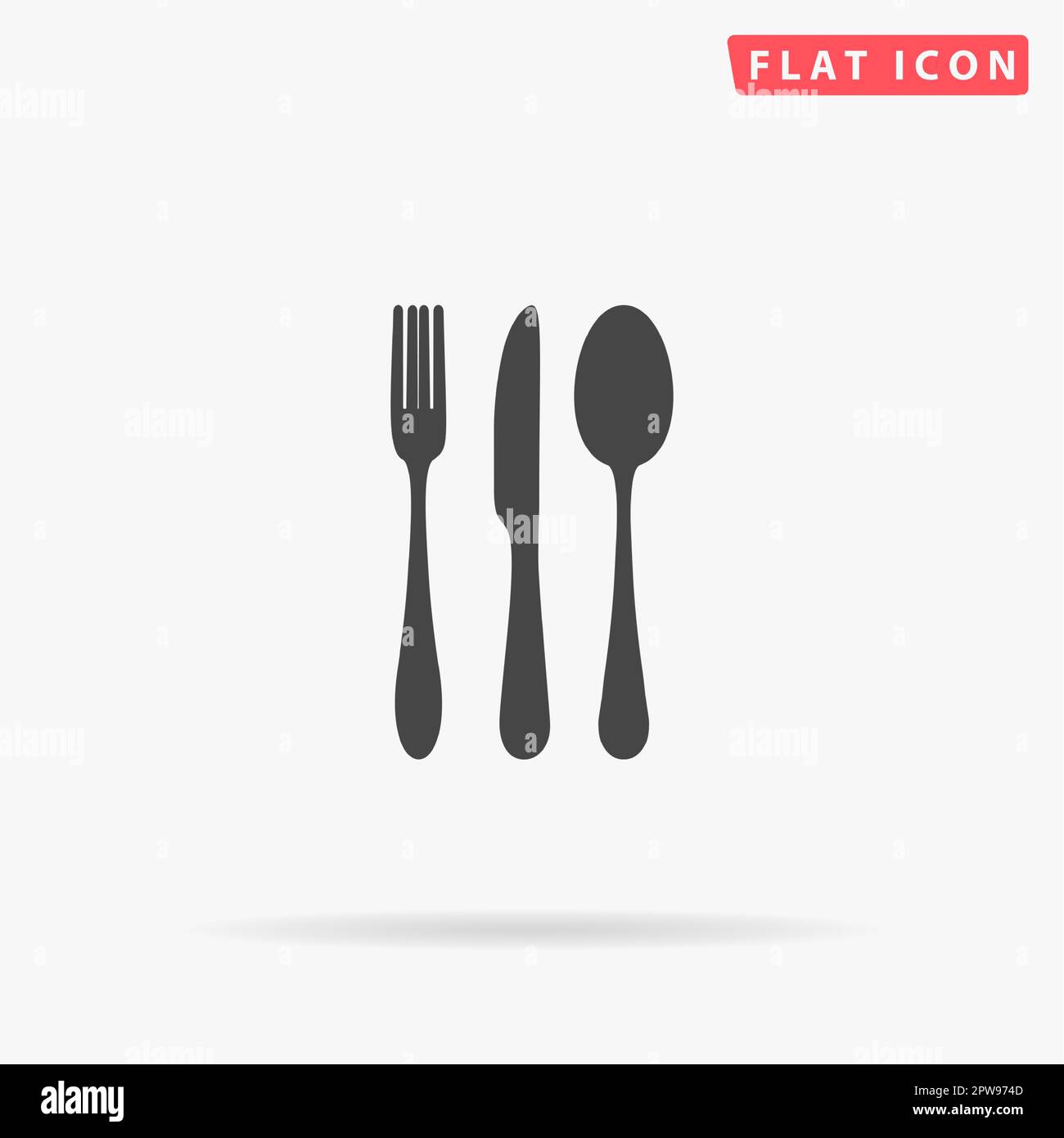 Knife, fork and spoon. Simple flat black symbol with shadow on white ...