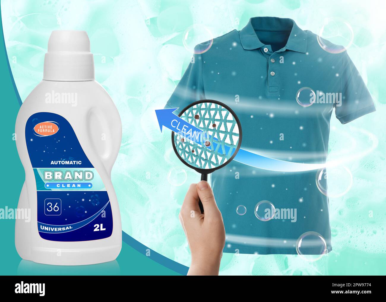 Liquid laundry detergent advertisement design. Woman looking through ...